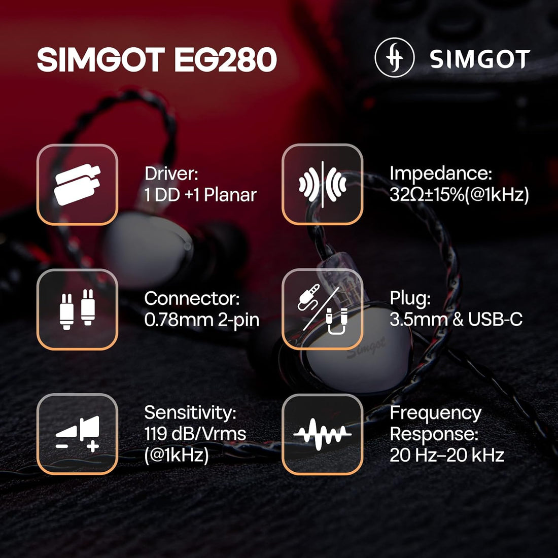 SIMGOT EG280 IEM With Mic – Planar + Dynamic Gaming Hi-Fi Earphones